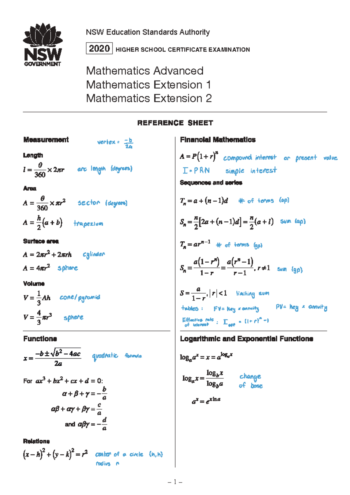 Annotated Reference Sheet for NSW HSC Mathematics Advanced - Studocu