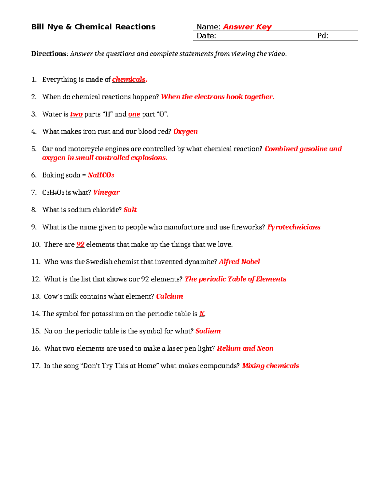 Bill Nye's Chemical Reactions: Answer Key & Student Worksheet - Studocu