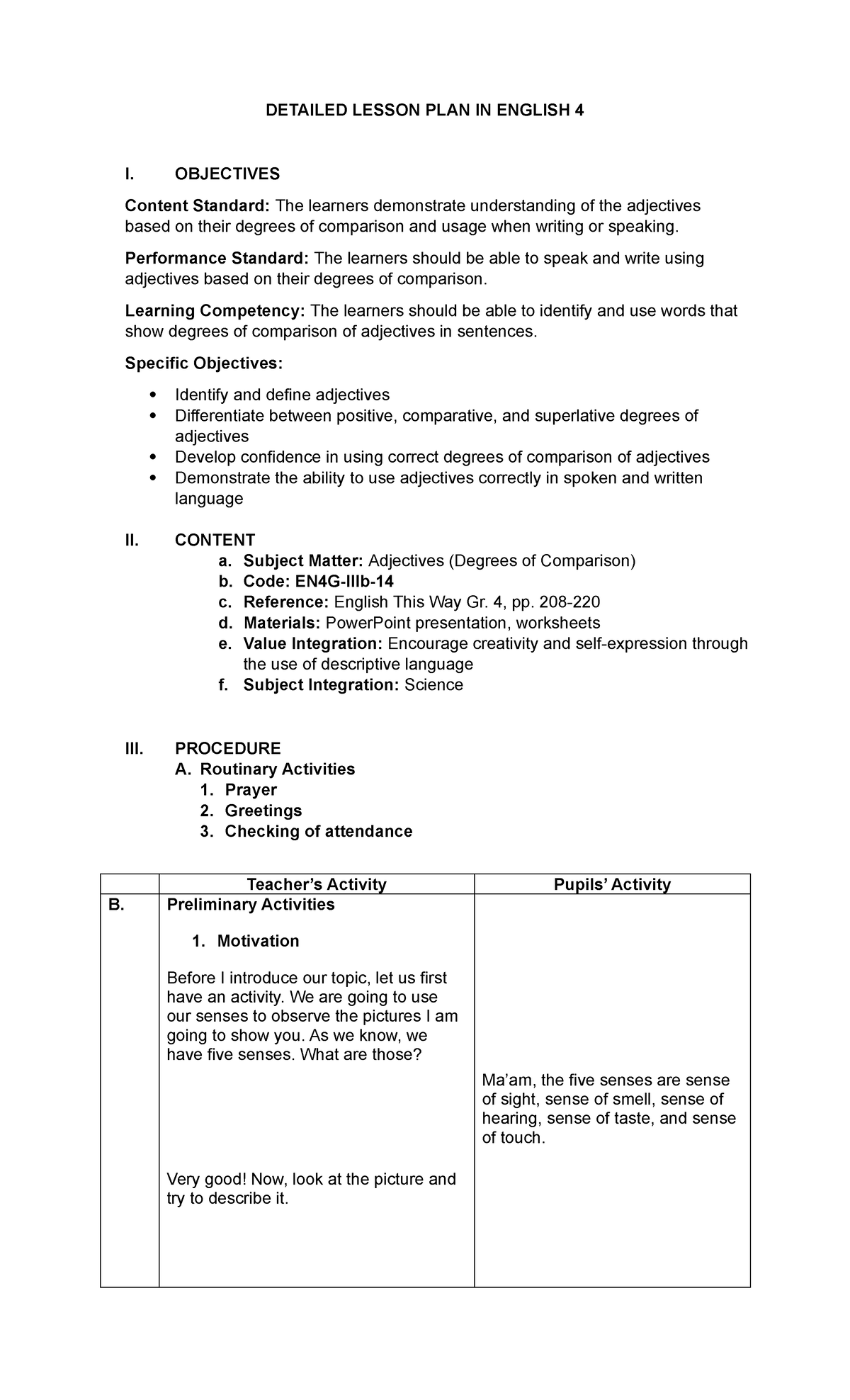 DLP IN FLCT - Detailed Lesson Plan for Teaching Adjective Comparisons - Studocu