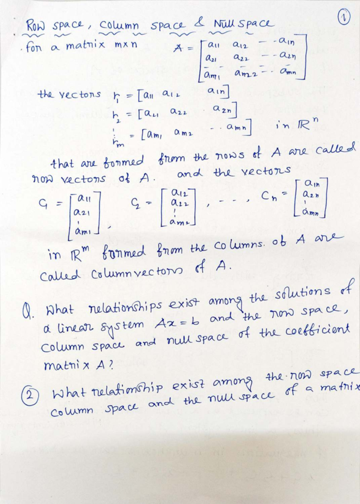 Notes on Row Space, Column Space, and Null Space for Matrix A - Studocu