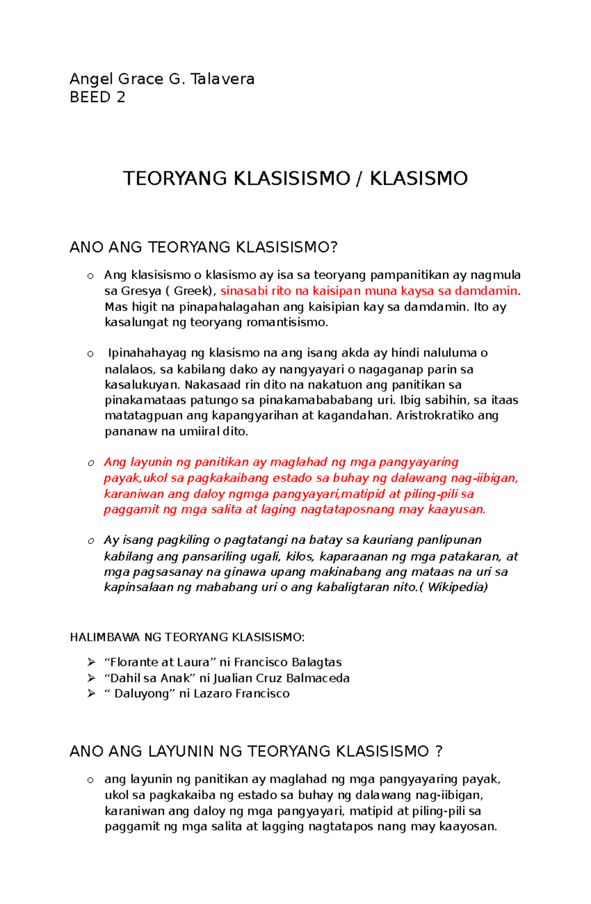 Teoryang Klasisismo: Isang Pagsusuri sa Kahalagahan at Katangian - Studocu
