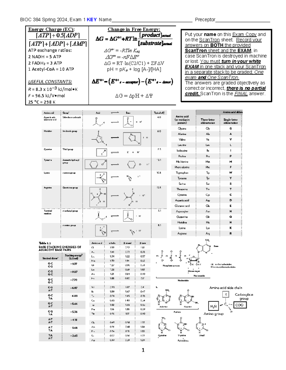 Bioc384 Exam1 Practice Key - Energy Charge (EC): ATP exchange ratios: 2 ...