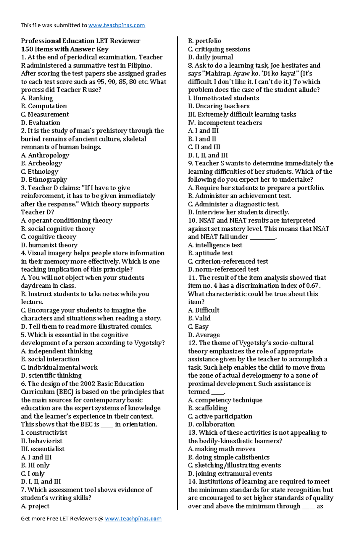 LET Professional Education Reviewer: 150 Items & Answers - Studocu