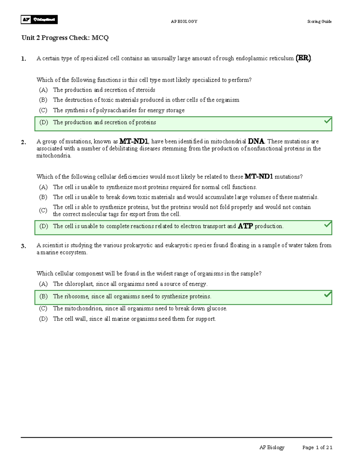 AP BIOLOGY Unit 2 Progress Check: MCQ Practice Guide - Studocu