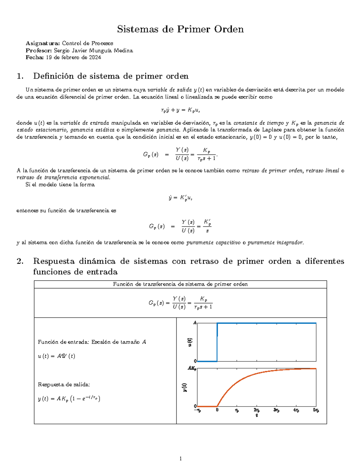 Sistemas de Primer Orden - Control de Procesos - Notas de Clase - Studocu
