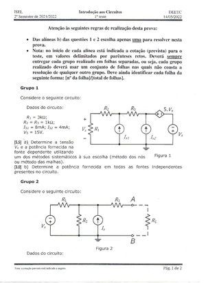 AC1 Testes e Exames (ISEL) - Introdução aos Circuitos - TESTES E EXAMES ...