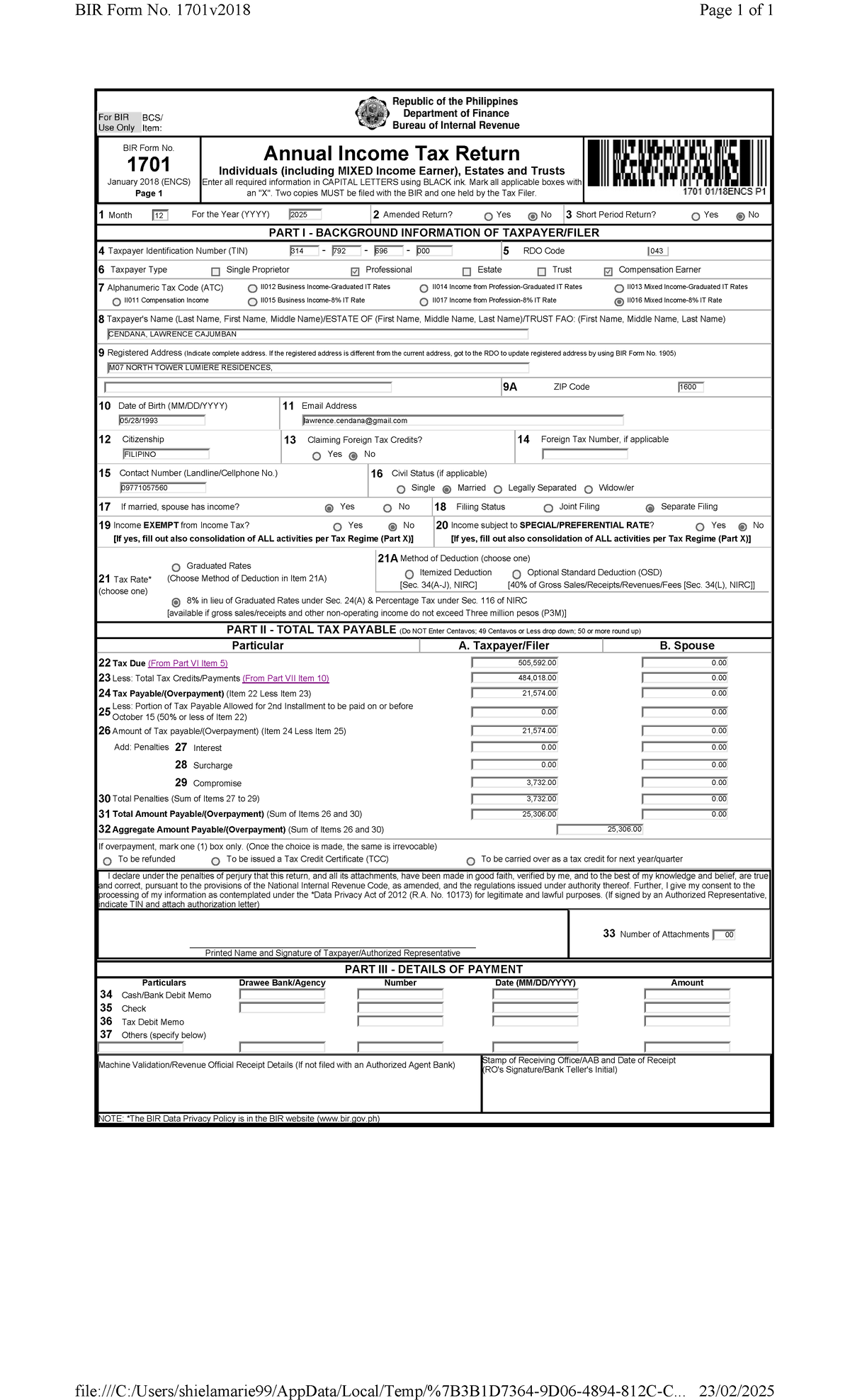 BIR Form 1701 - 2024 - qswgh - BIR Form No. 1701 January 2018 (ENCS ...