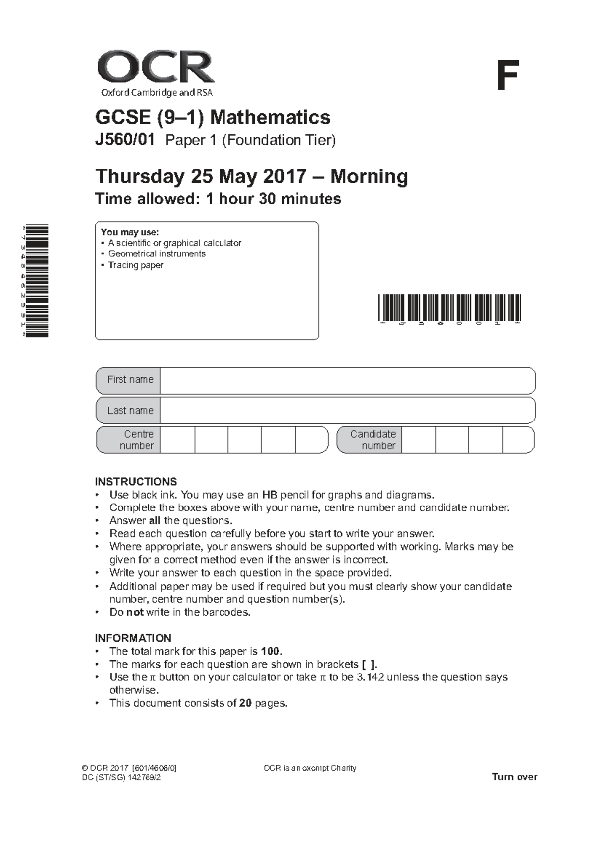 OCR GCSE Mathematics Paper 1 (Foundation Tier) - May 2017 - Studocu