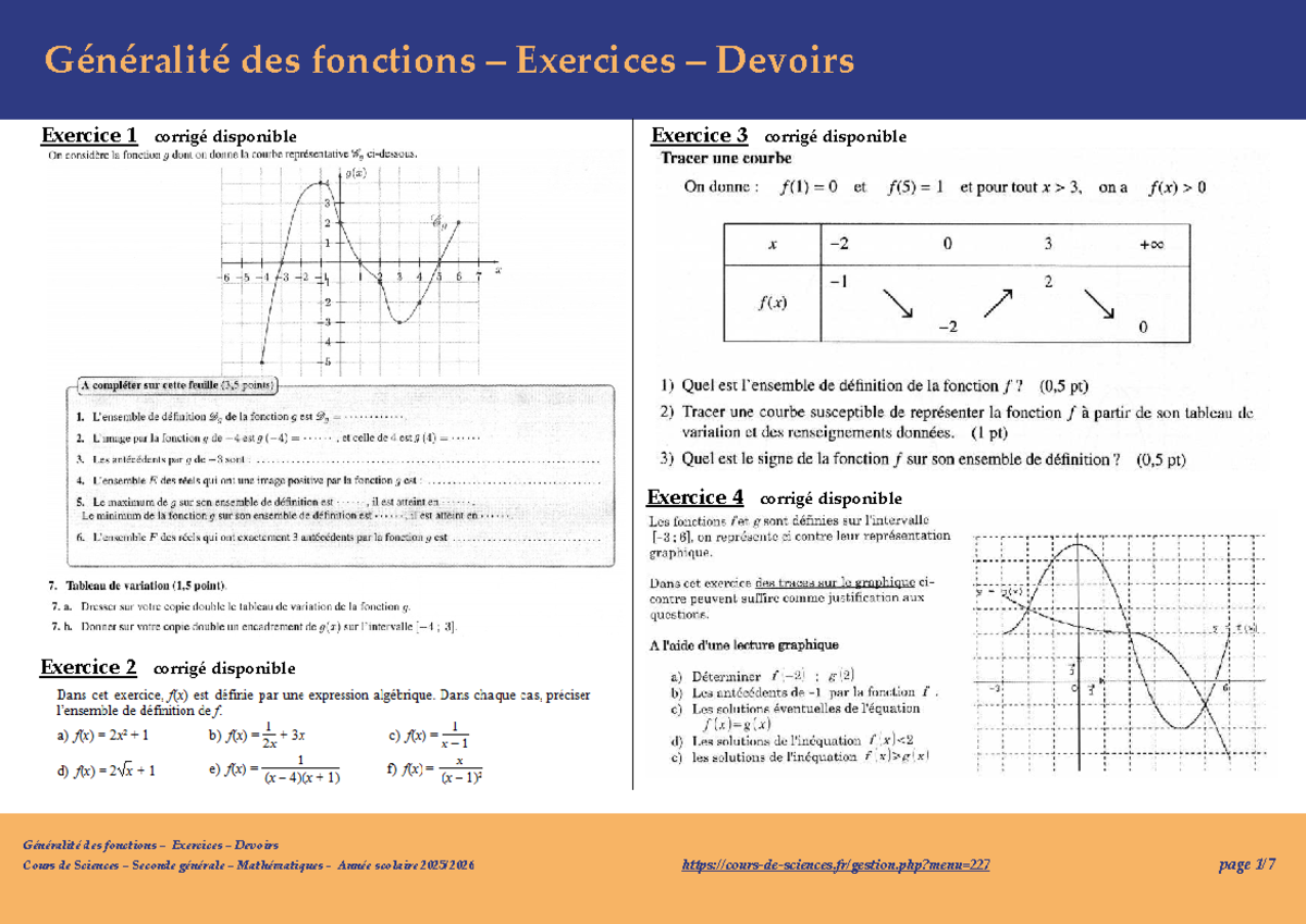 Généralité des Fonctions - Exercices Corrigés (Maths Seconde) - Studocu