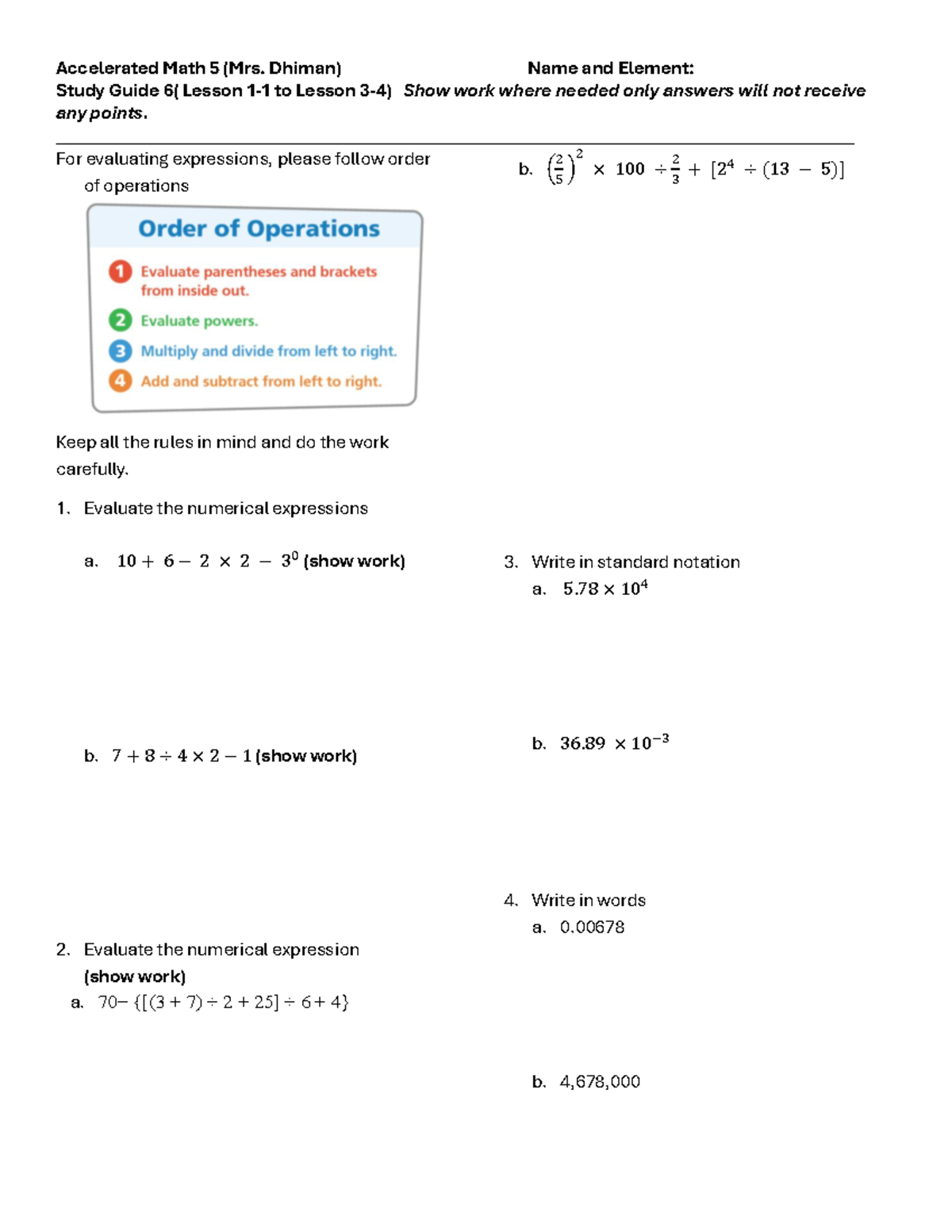 Accelerated Math 5 Study Guide 6 (Lessons 1-1 to 3-4) - Studocu