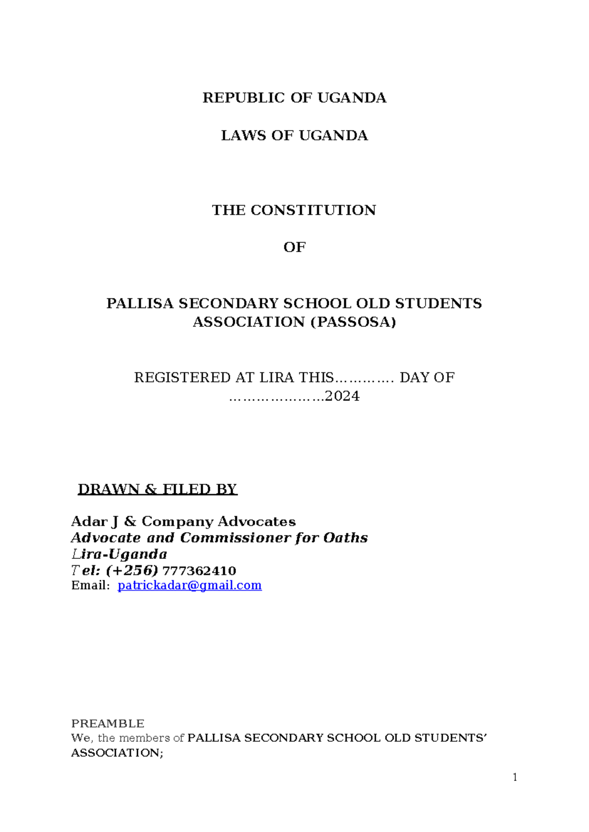 Pallisa ss Old Students Draft Constitution - REPUBLIC OF UGANDA LAWS OF ...
