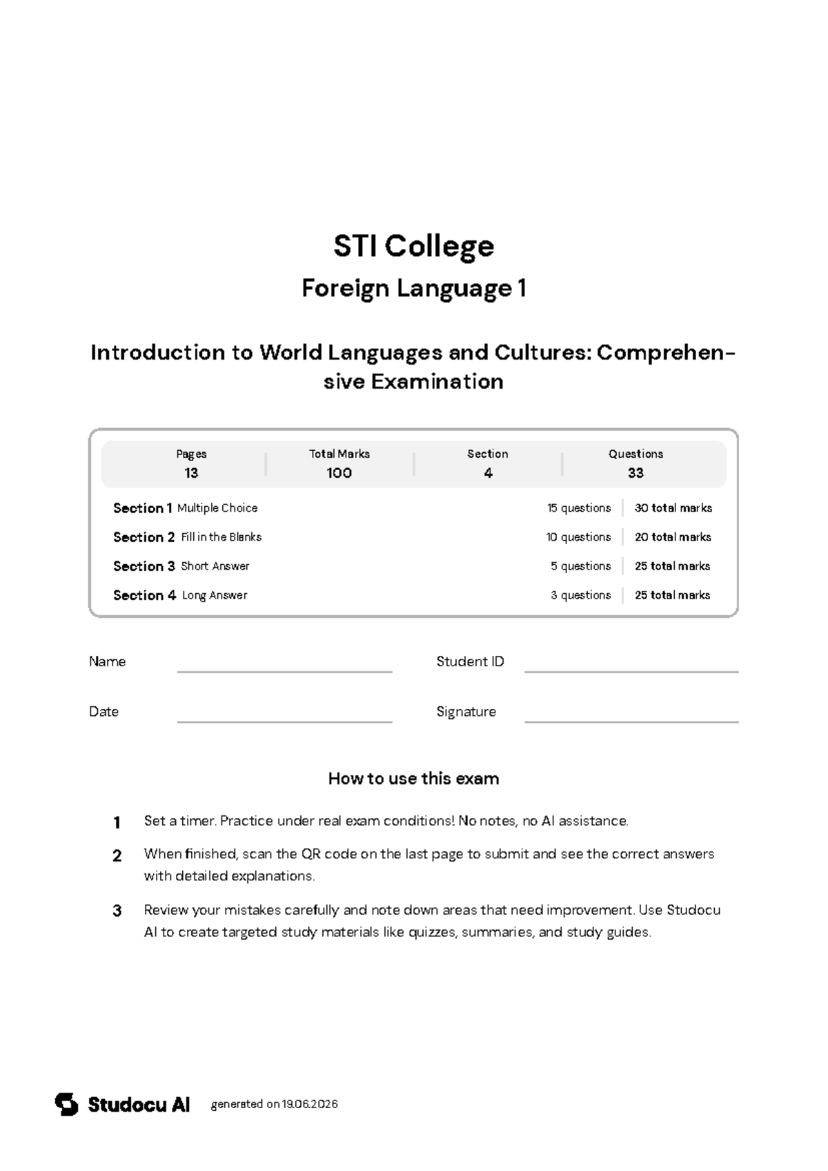 Introduction to World Languages and Cultures: Comprehensive Exam - Studocu