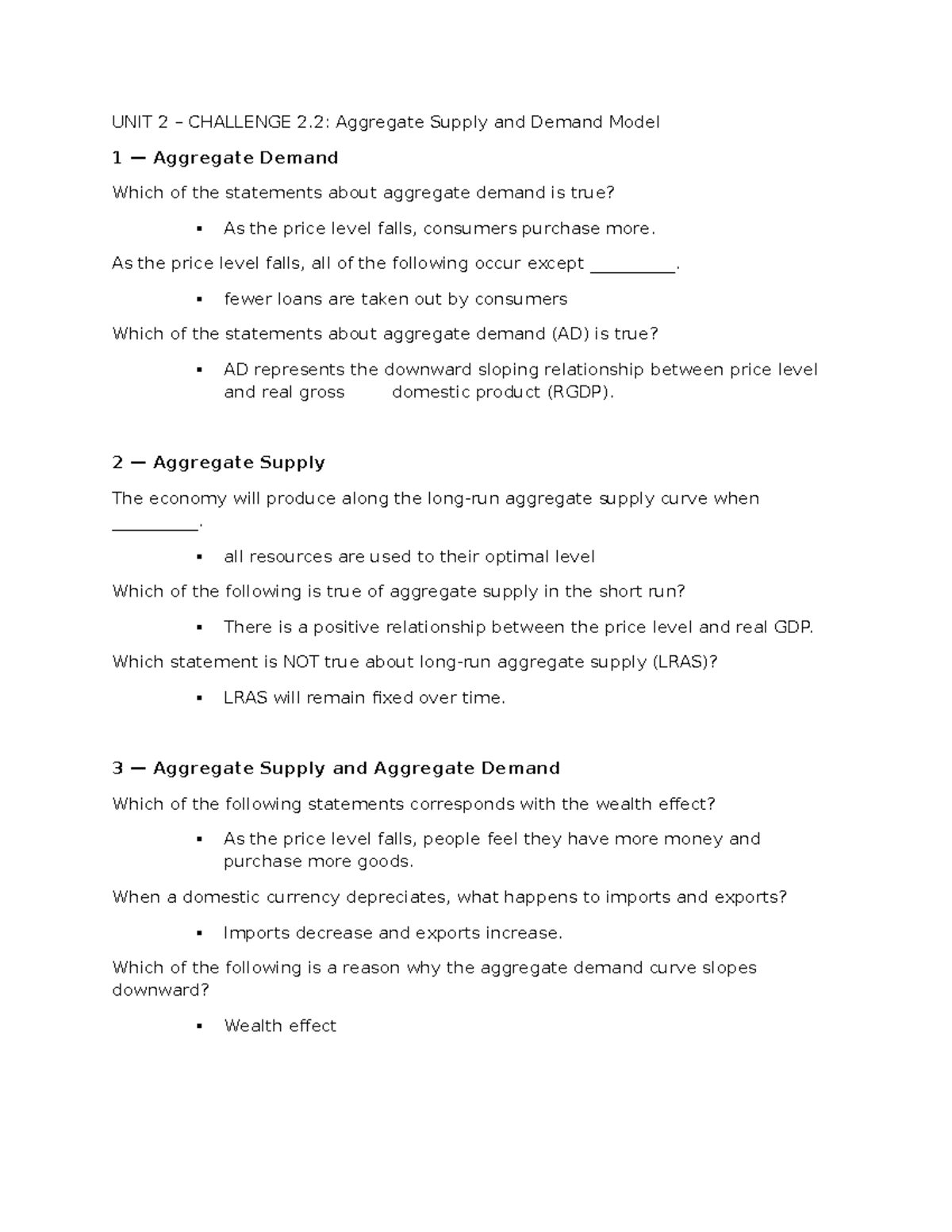 UNIT 2 – Challenge 2.2- Aggregate Supply and Demand Model - UNIT 2 ...