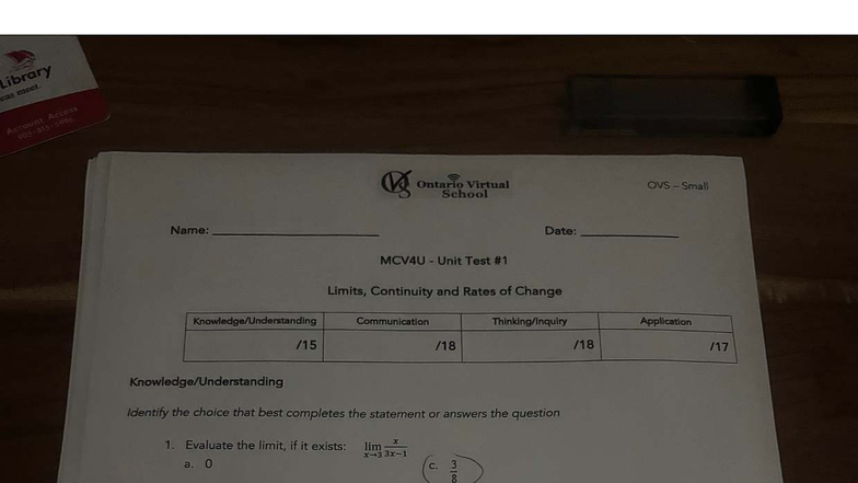 MCV4U Unit Test: Limits, Continuity & Rates of Change Guide - Studocu