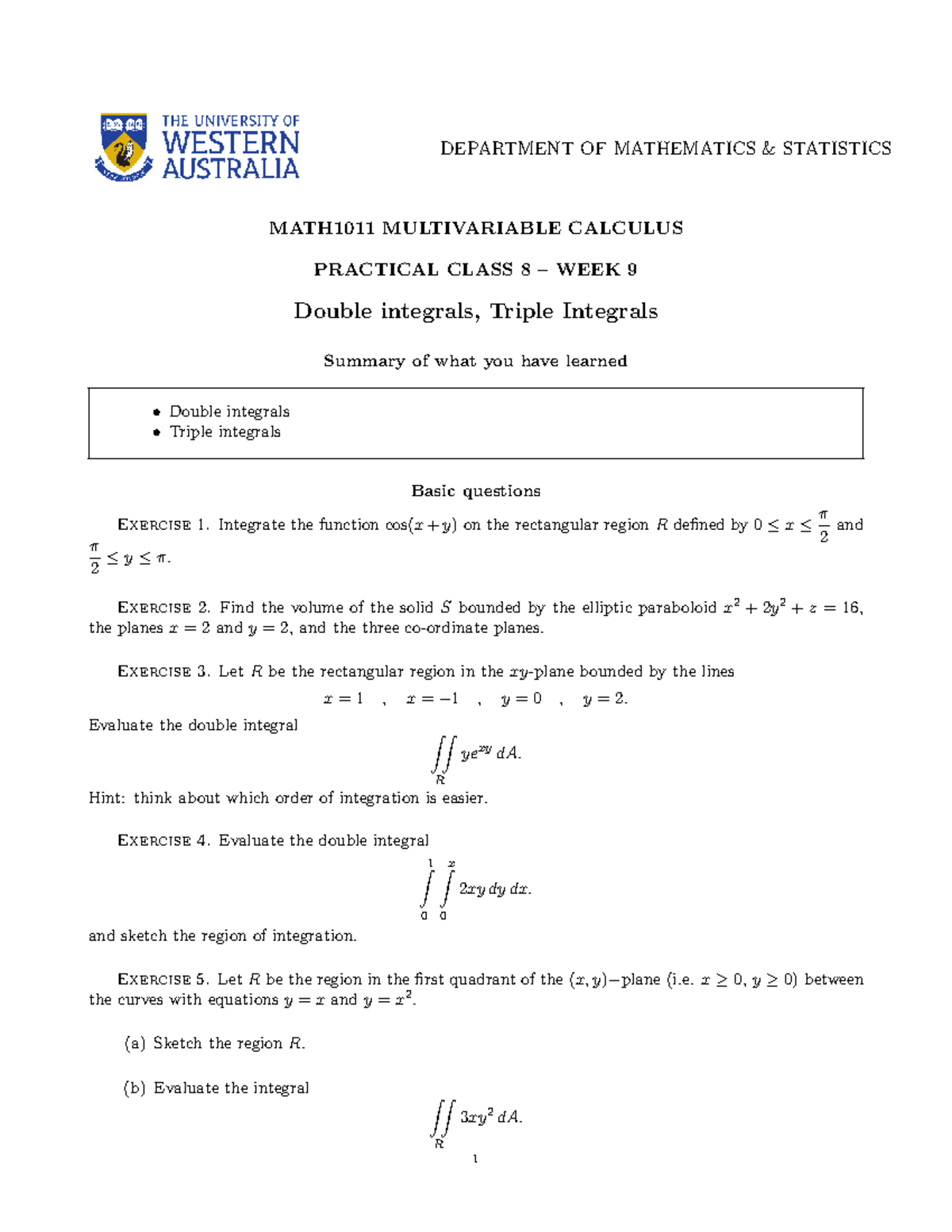 MATH1011 Multivariable Calculus Practical Class 8: Double & Triple ...