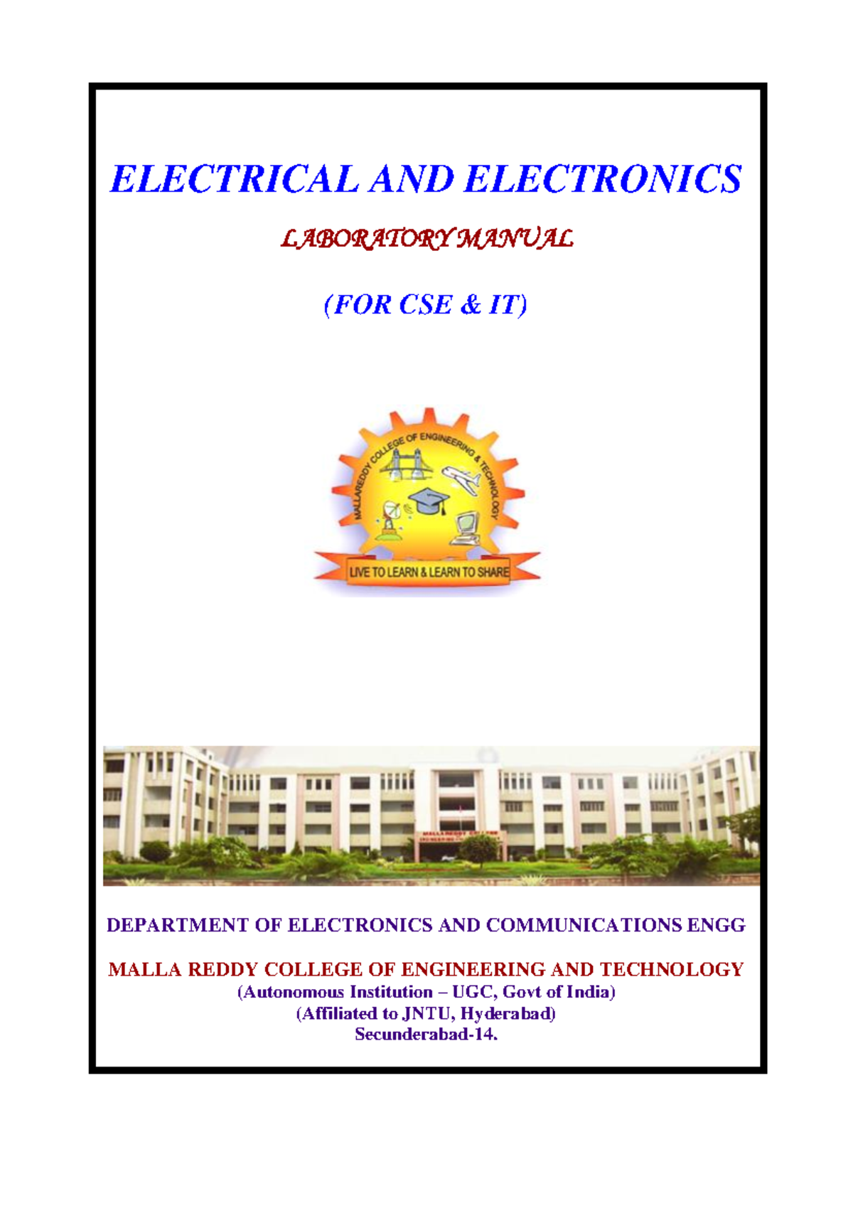 ELECTRICAL AND ELECTRONICS LAB MANUAL (CSE IT) - EXPERIMENTS & PROCEDURES - Studocu