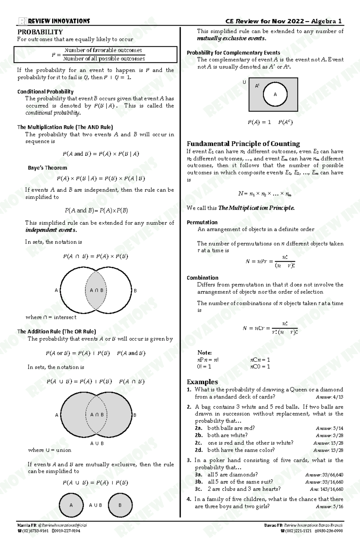 Algebra 1 Review Innovations November 2022 - Probability Concepts - Studocu