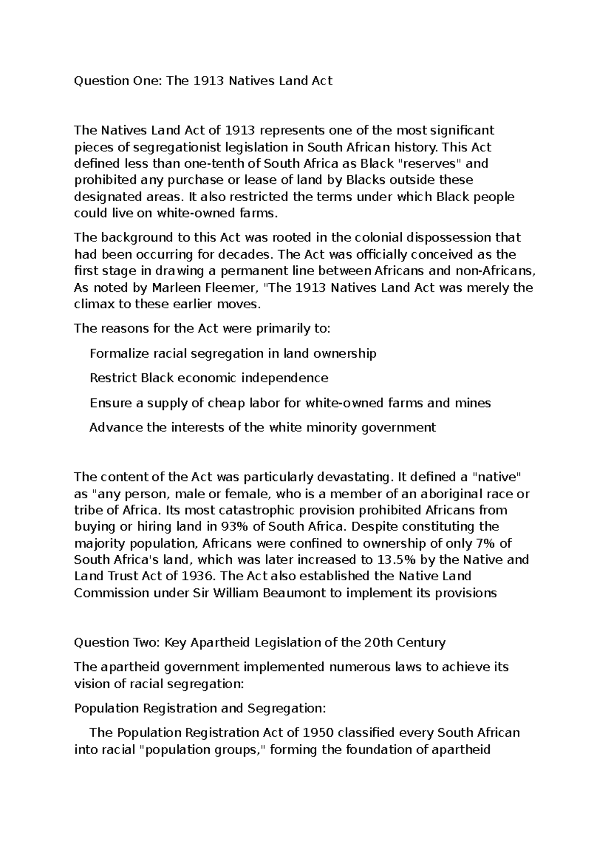 Tut 7 - The 1913 Natives Land Act and Key Apartheid Legislation - Studocu