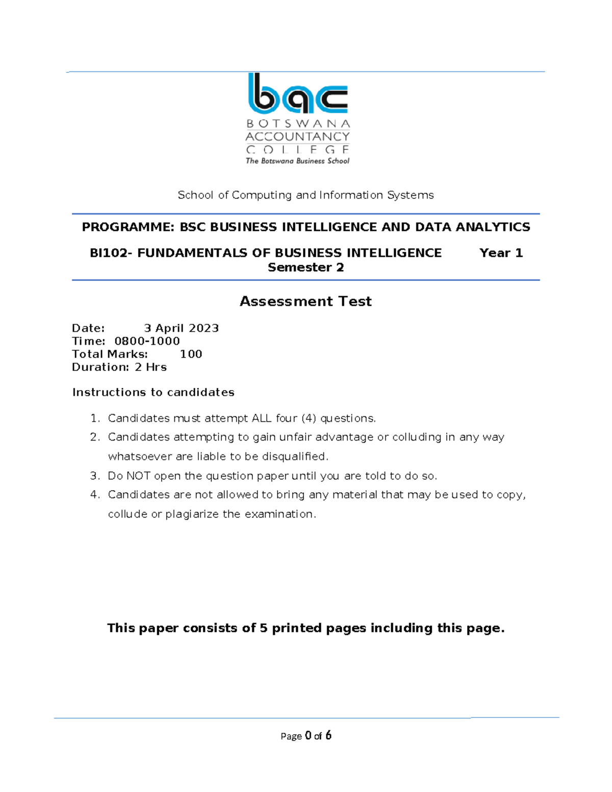 BI102 Fundamentals of Business Intelligence Assessment Test 2023 - Studocu