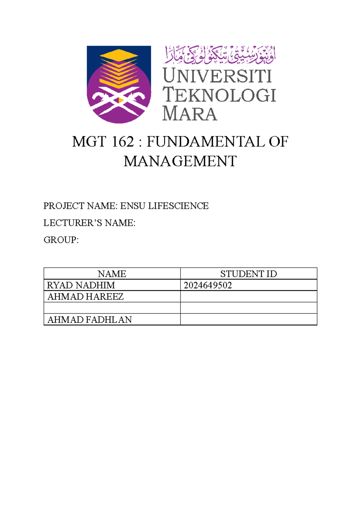 Mgt report beta #1 - ... - MGT 162 : FUNDAMENTAL OF MANAGEMENT PROJECT ...