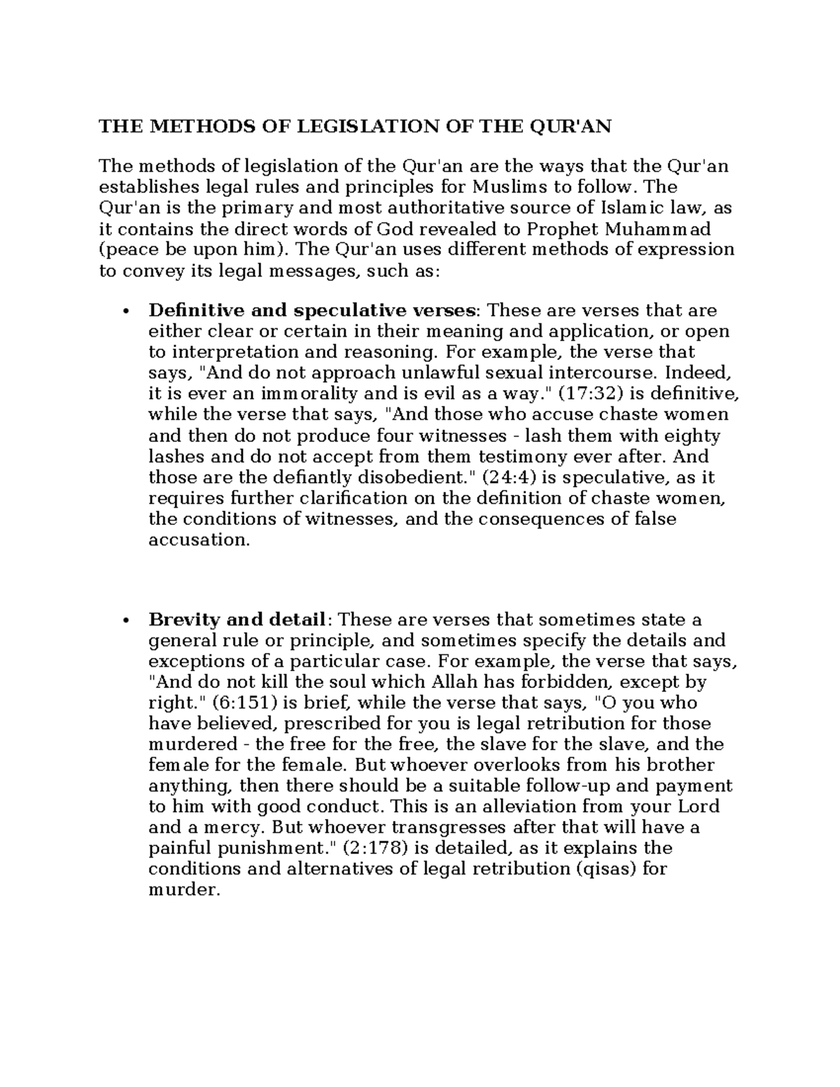The Methods of Legislation of the Quran: An In-Depth Analysis - Studocu