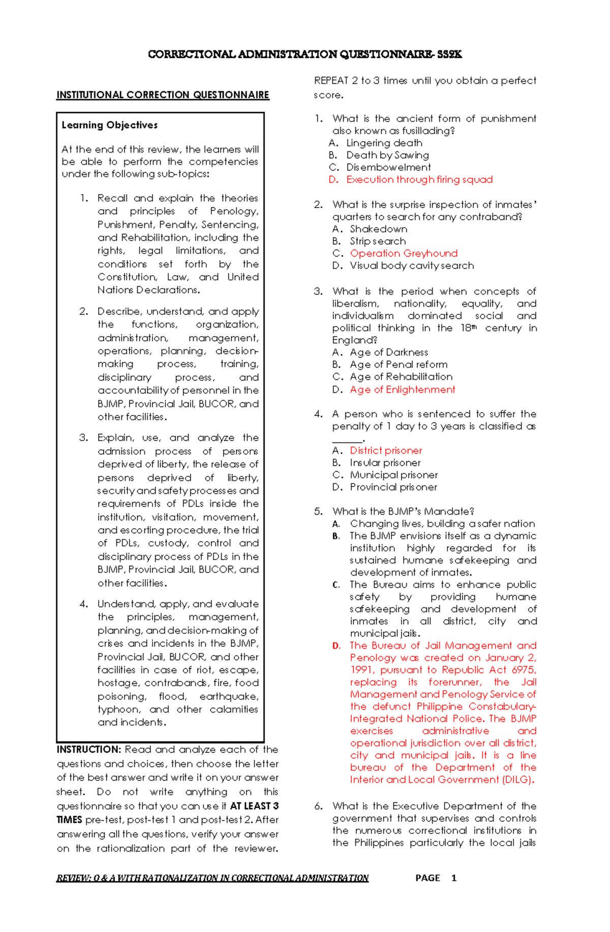 Institutional Correction Questionnaire - Essential Competencies Review - Studocu