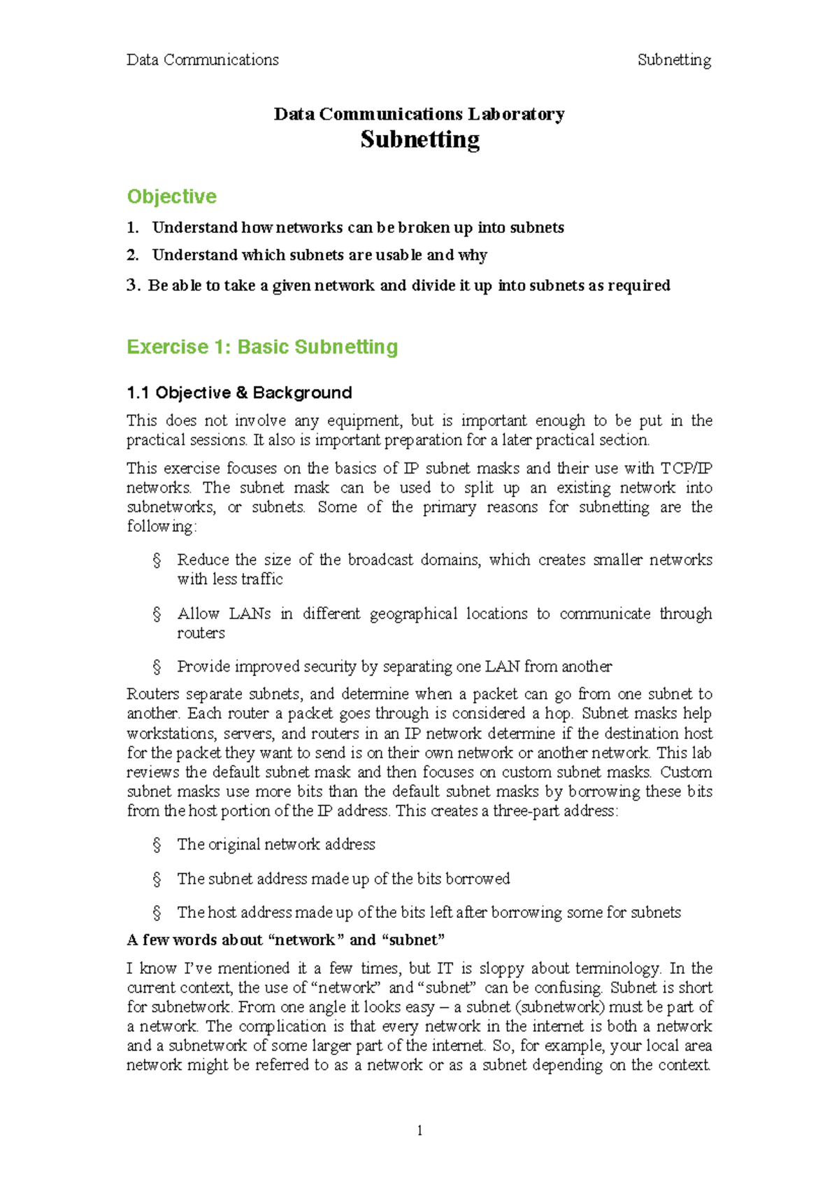 Practical - Subnetting - Data Communications Laboratory Subnetting ...