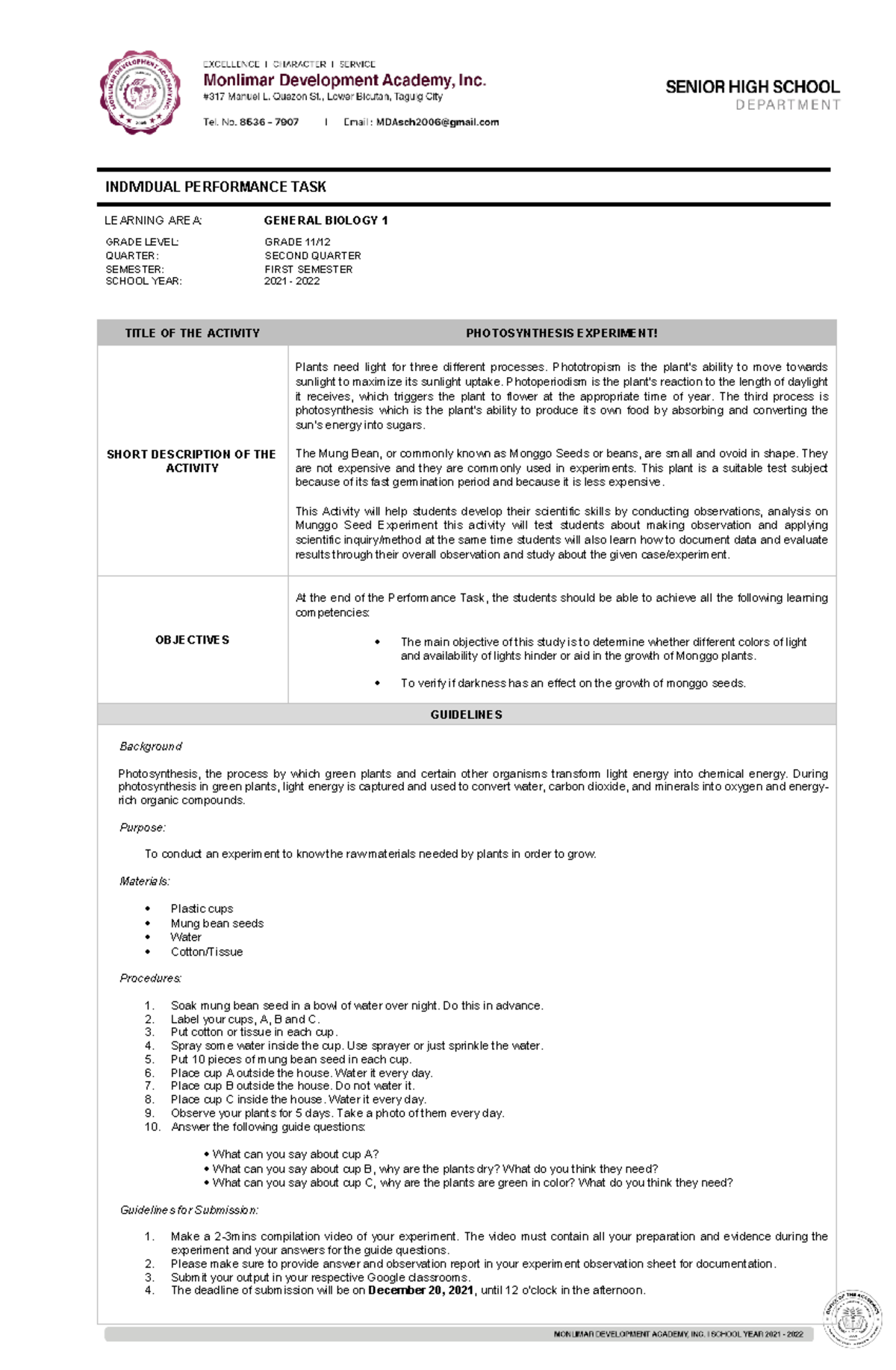Photosynthesis Experiment - PETA Individual Performance Task (2nd Qtr) - Studocu