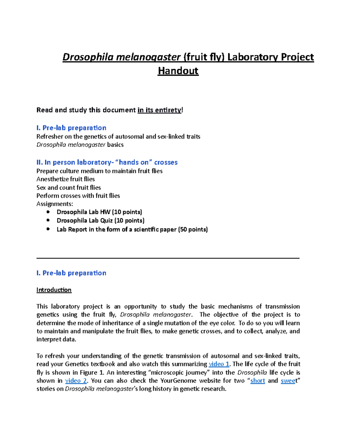 Drosophila Lab Handout (1) - Copy - Drosophila melanogaster (fruit fly ...