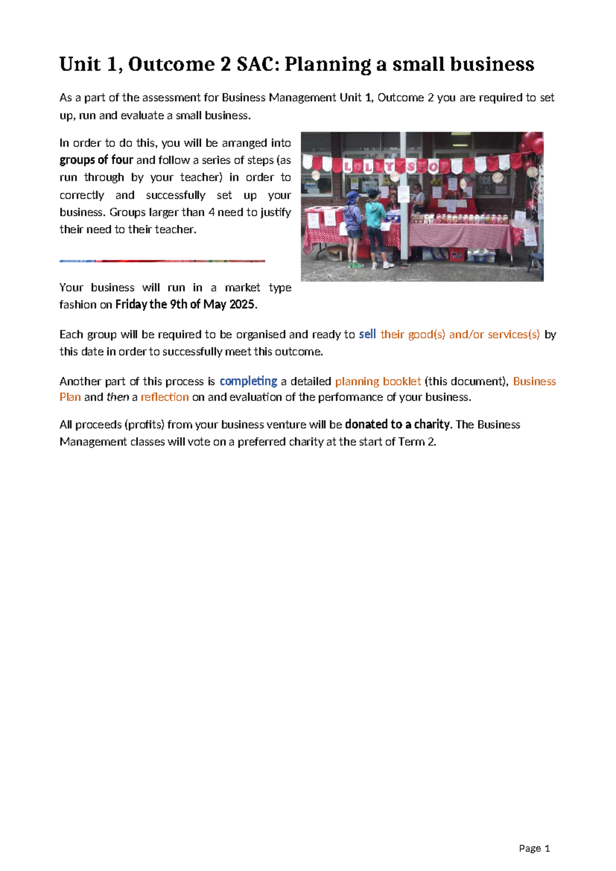 BUSM101 Unit 1 Outcome 2 SAC: Small Business Planning Booklet 2025 ...