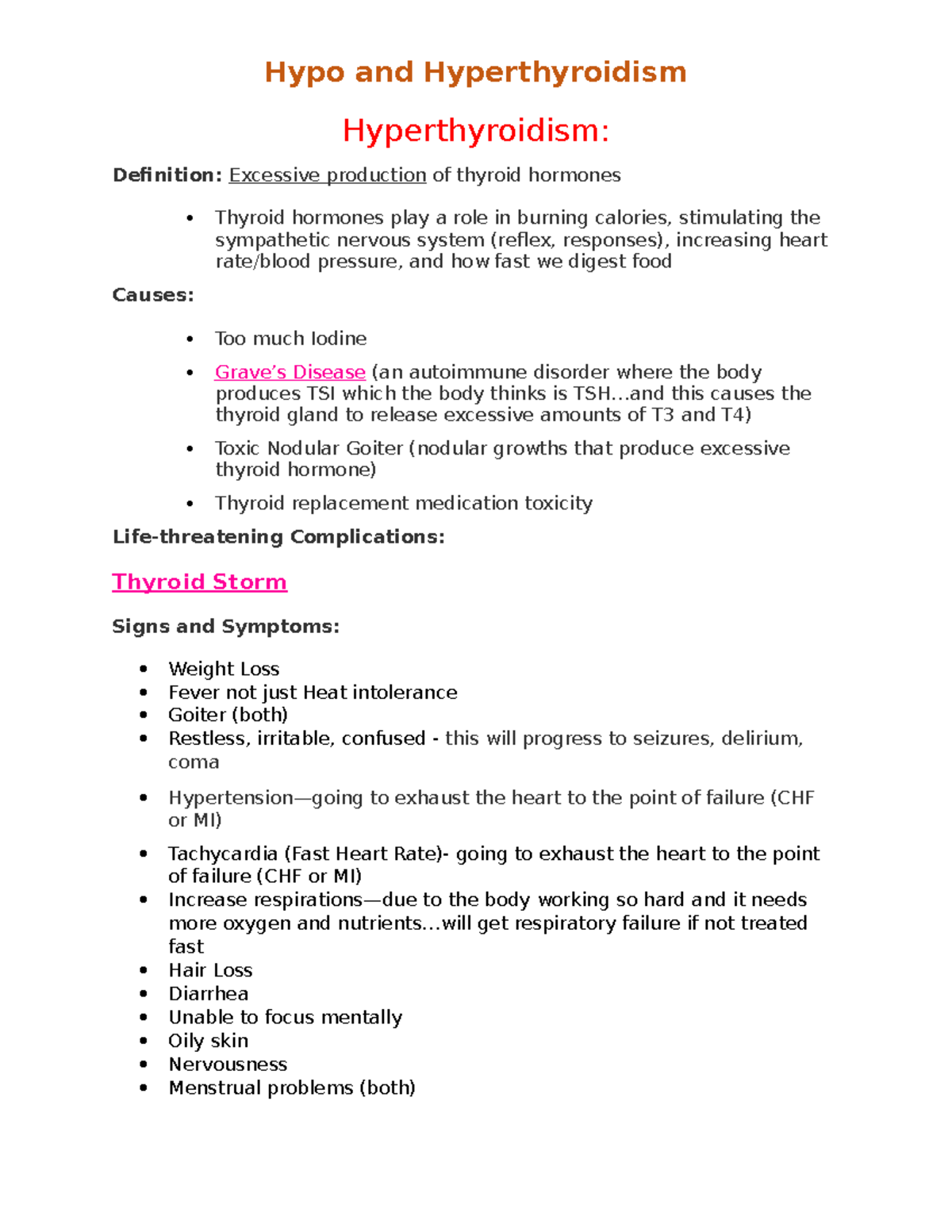 Hypo and Hyperthyroidism Advanced Med- Surg notes Endocrine - Hypo and ...