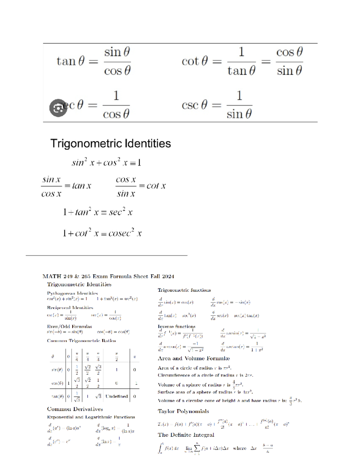 Math 249 Formula Sheet - sin COS 0 tan cot tan sin A CSC sin ...