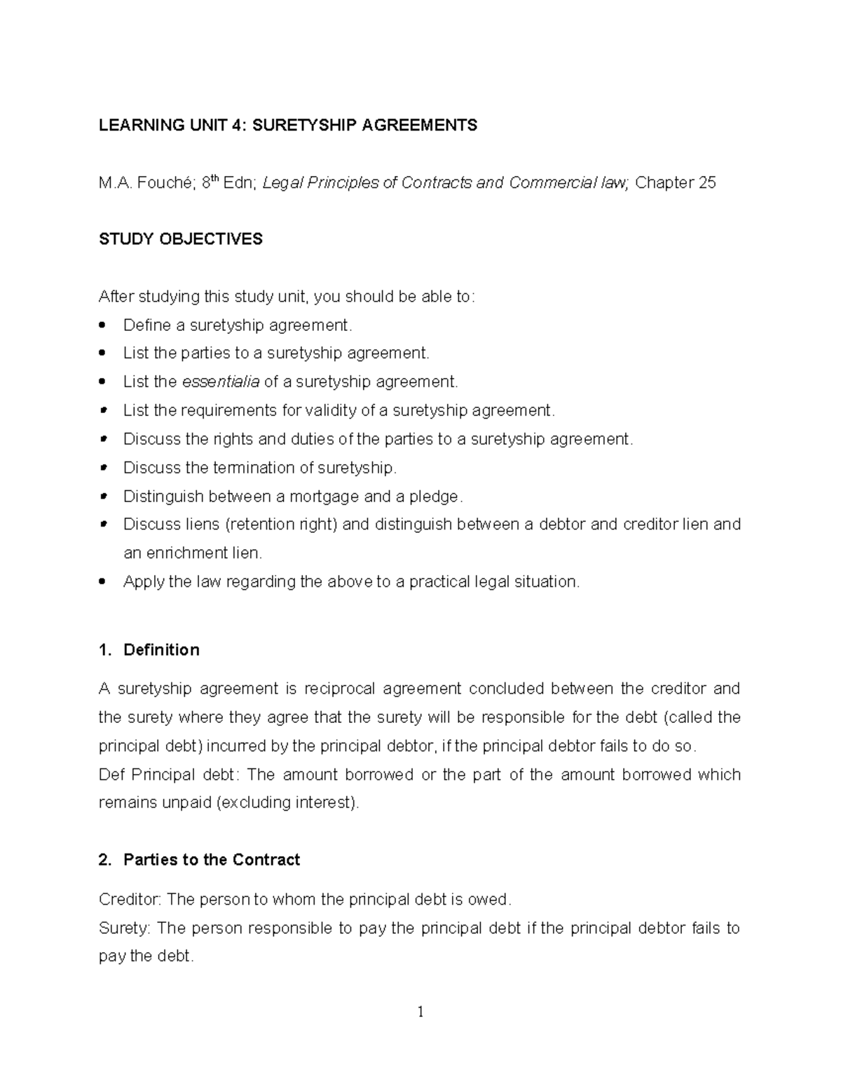 Learning Unit 4: Suretyship Agreements - M.A. 8th Legal Principles of ...