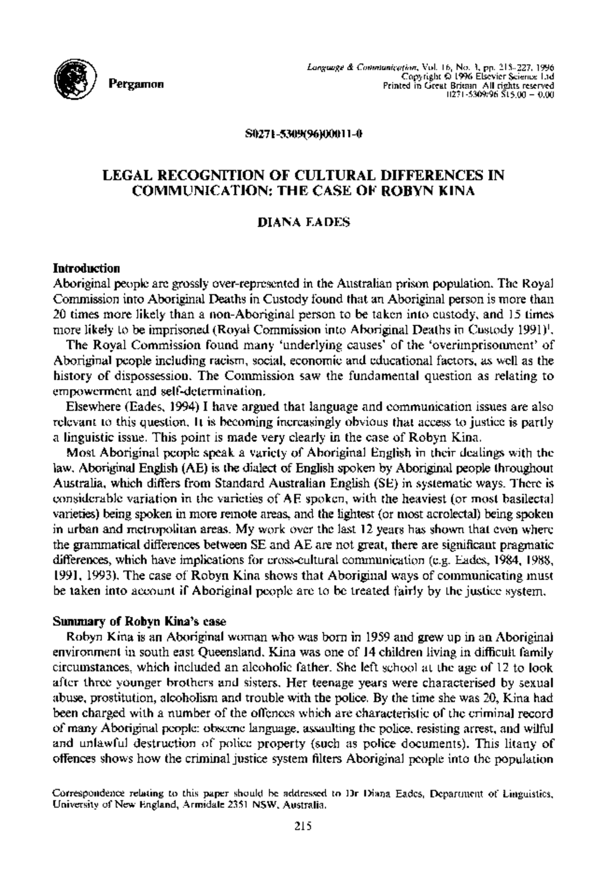 LEGAL RECOGNITION OF CULTURAL DIFFERENCES IN COMMUNICATION: KINA CASE ...
