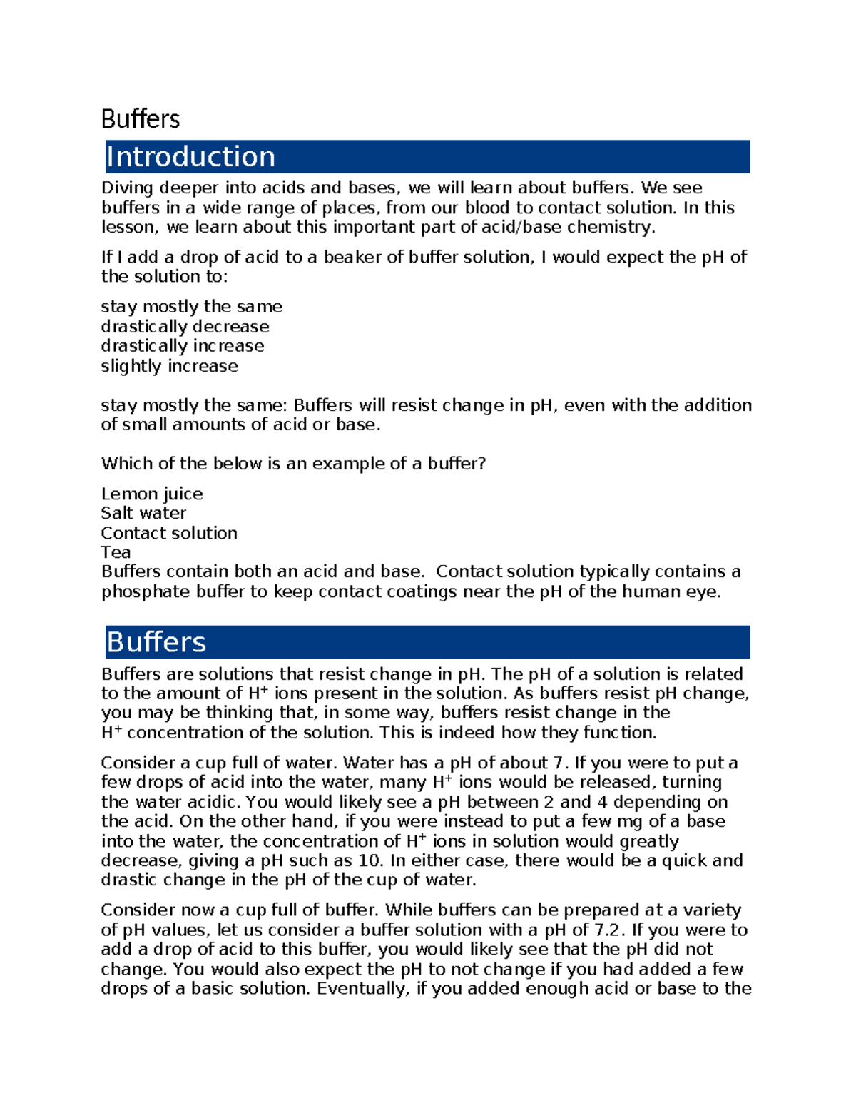 CHEM101 - Buffers - Lecture Notes on Acid/Base Chemistry - Studocu