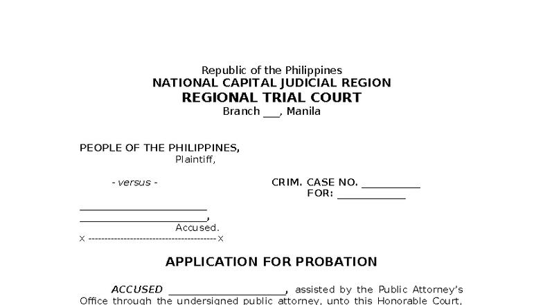 Application for Probation - RTC Manila (CRIM. CASE NO.) - Studocu