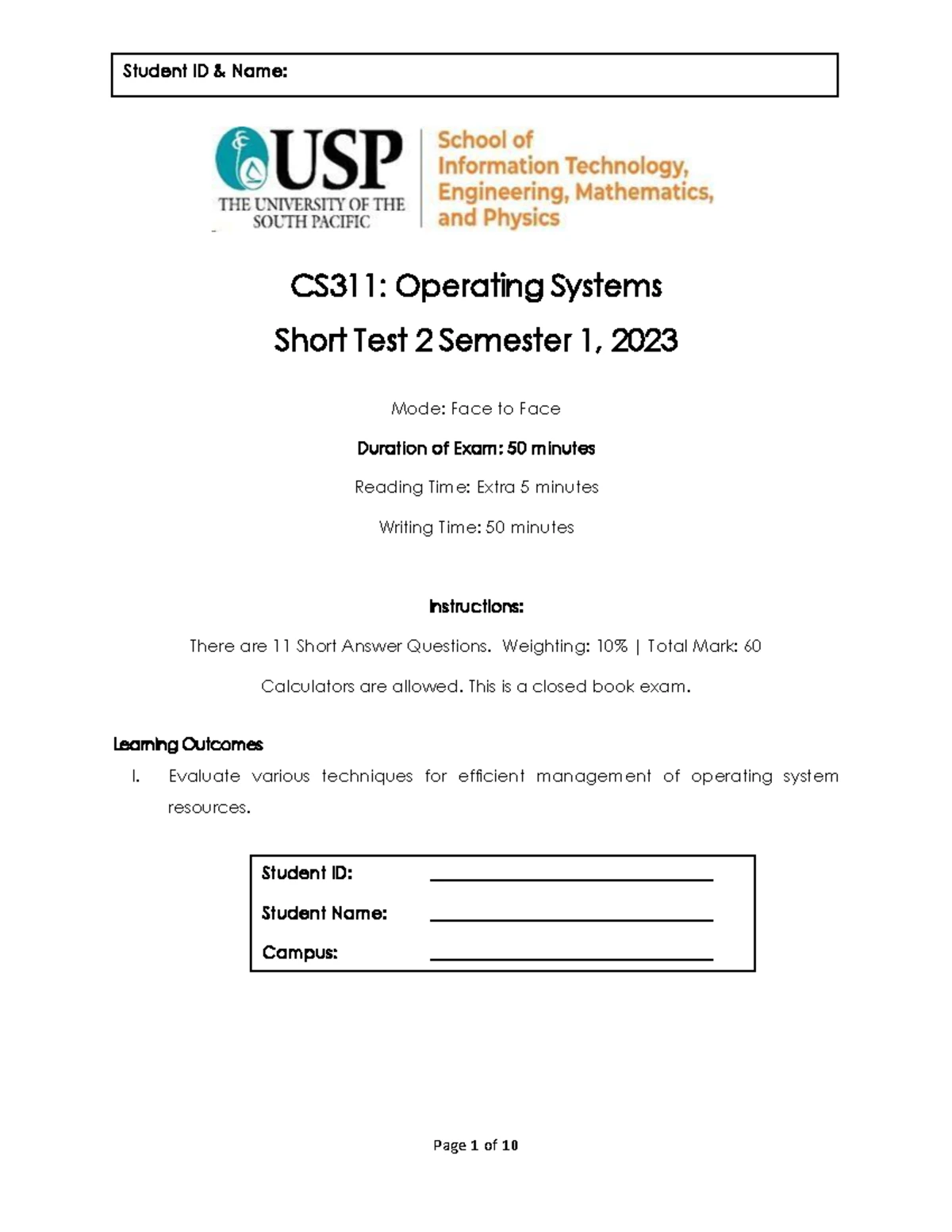 Short Test 1 CS311 - Solutions - CS3 11 : Operating Systems Short Test ...