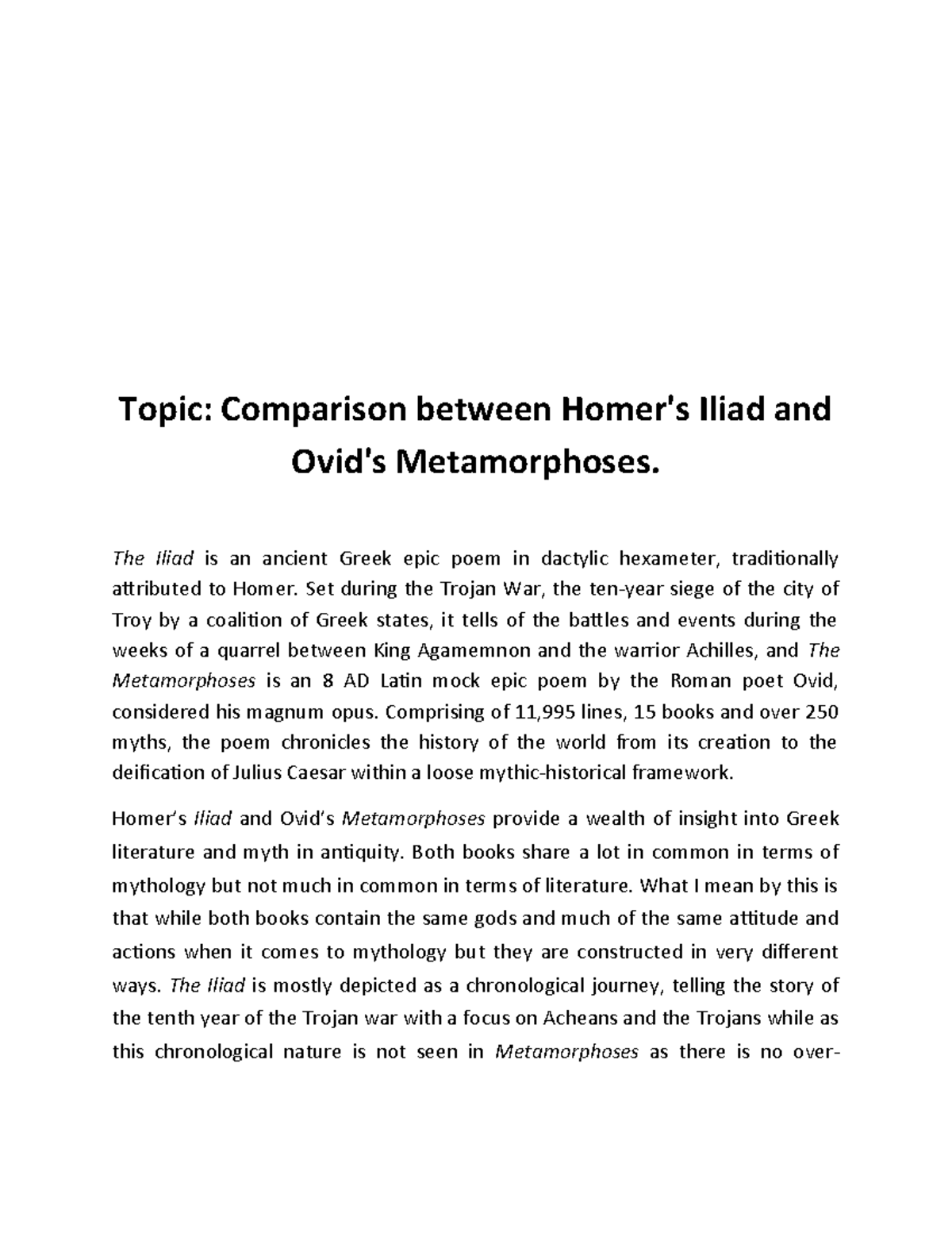 Comparative Analysis of Homer's Iliad & Ovid's Metamorphoses - Studocu