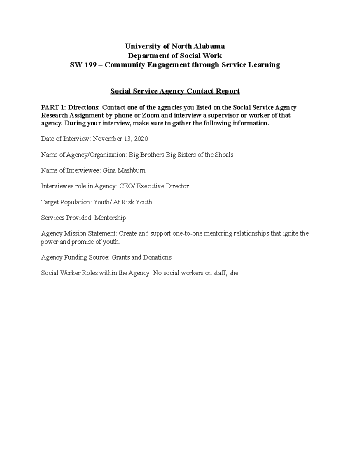 SW 199-Social Service Agency Contact Report - University of North ...