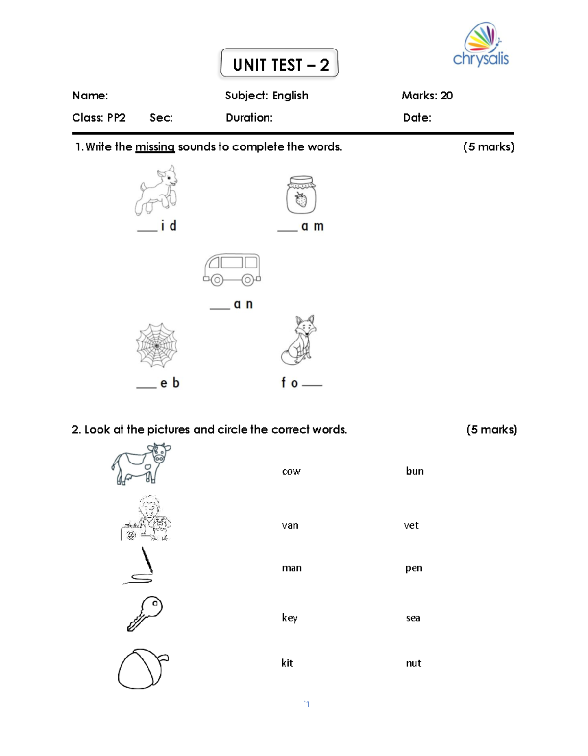 PP2 English Unit Test 2: Sound Completion & Picture Identification ...