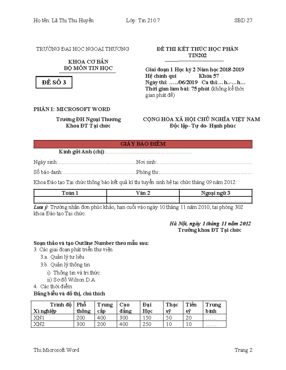 Đề Thi Kết Thúc Học Phần Tin202 - Tin 210.7 - Microsoft Word - Studocu