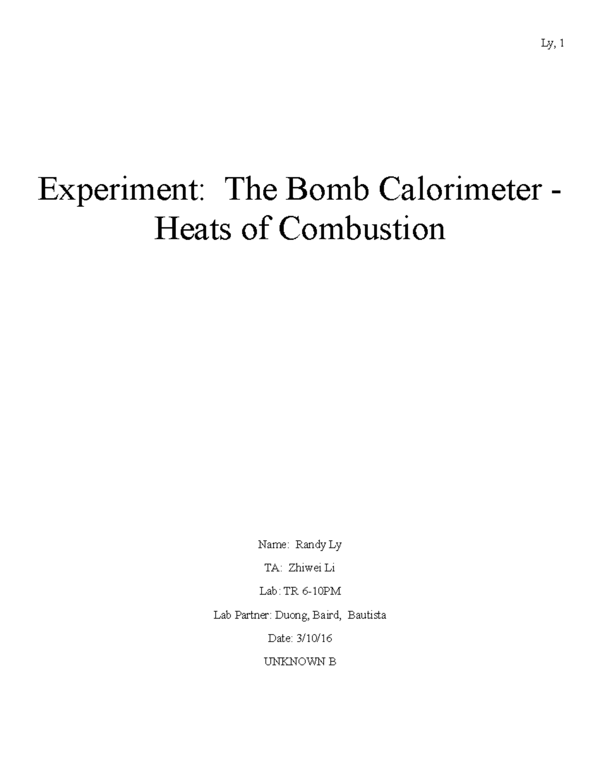 Bomb Calorimeter Lab Report: Heat of Combustion of Unknown B - Studocu