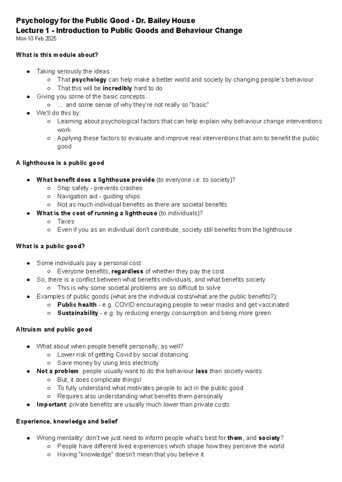 PPG 101 Lecture 1: Intro to Public Goods & Behavior Change - Studocu