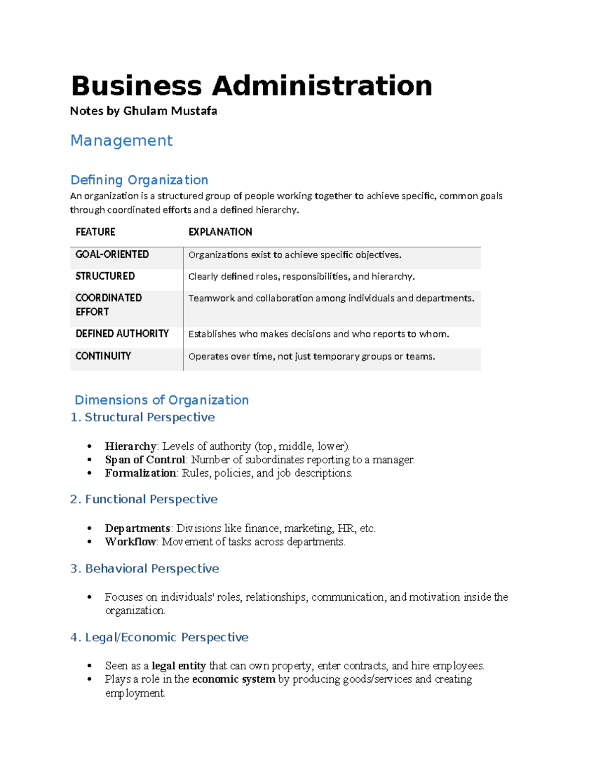 Business Administration Notes: Understanding Organizational Structures ...