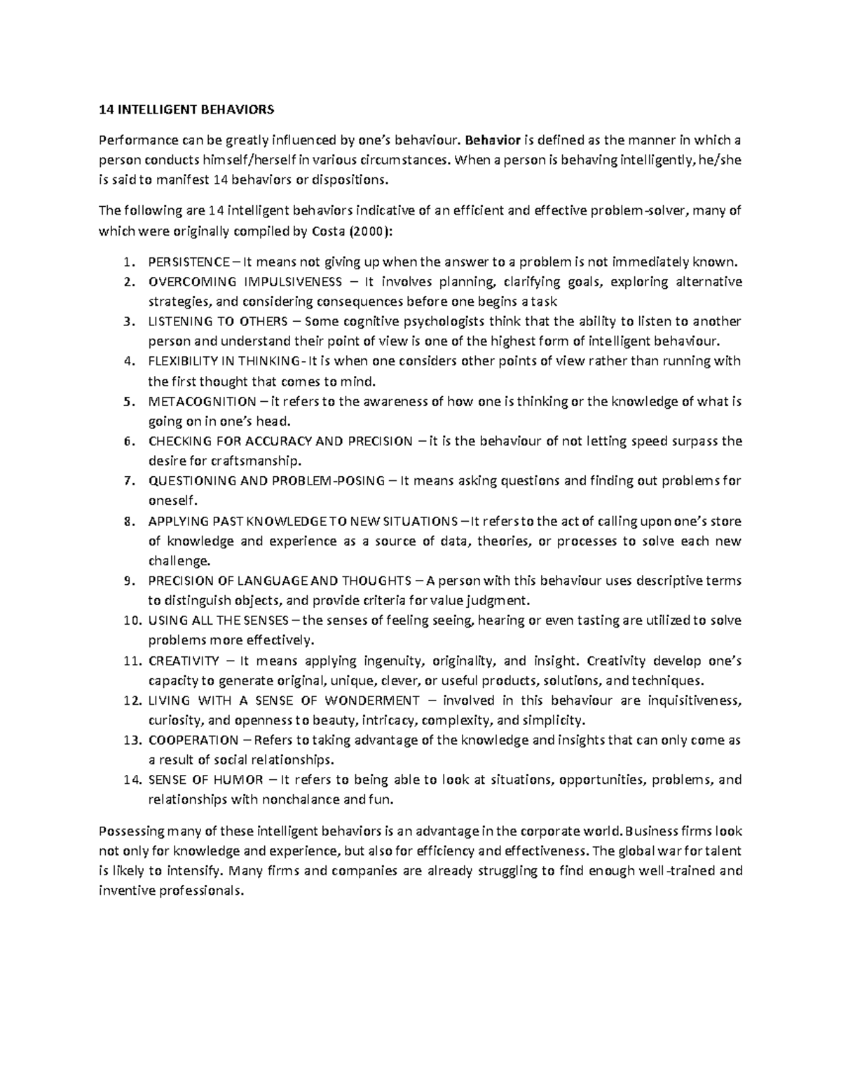 14 Essential Intelligent Behaviors for Effective Problem-Solving - Studocu