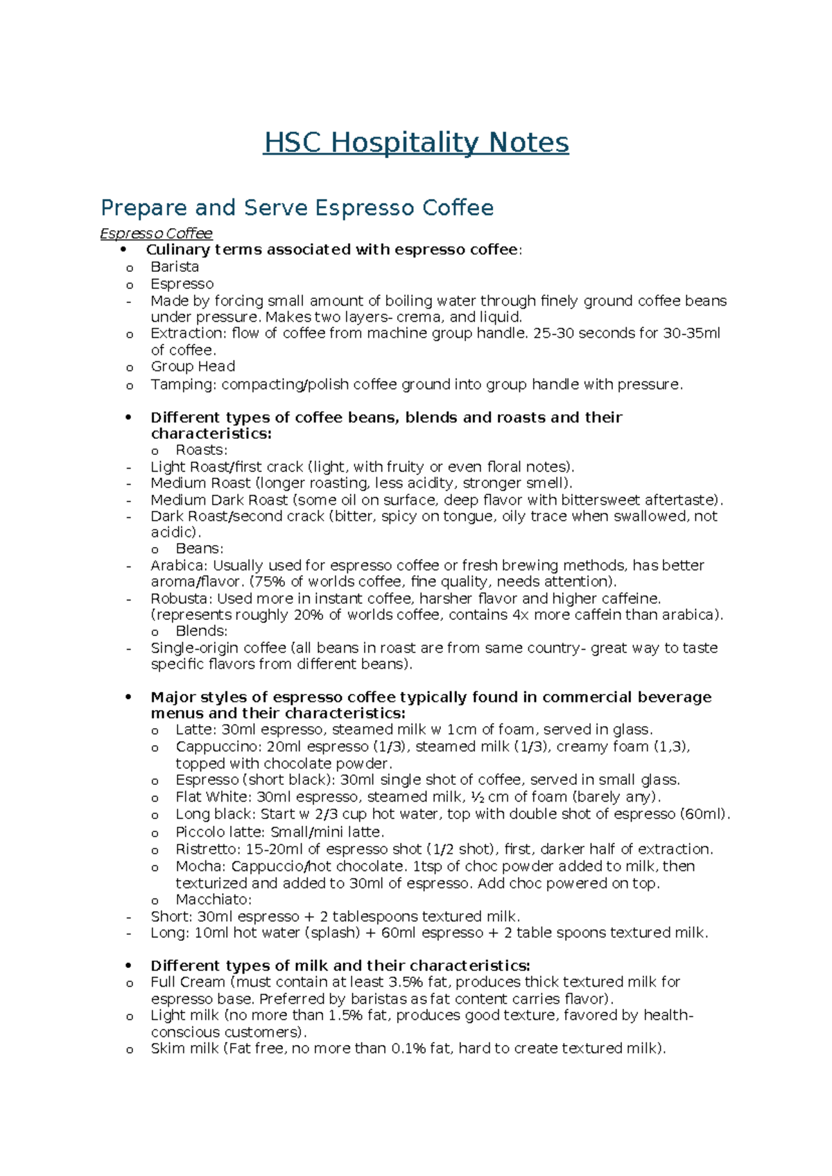 HSC Hospitality Final Exam Notes: Espresso Coffee Preparation and ...