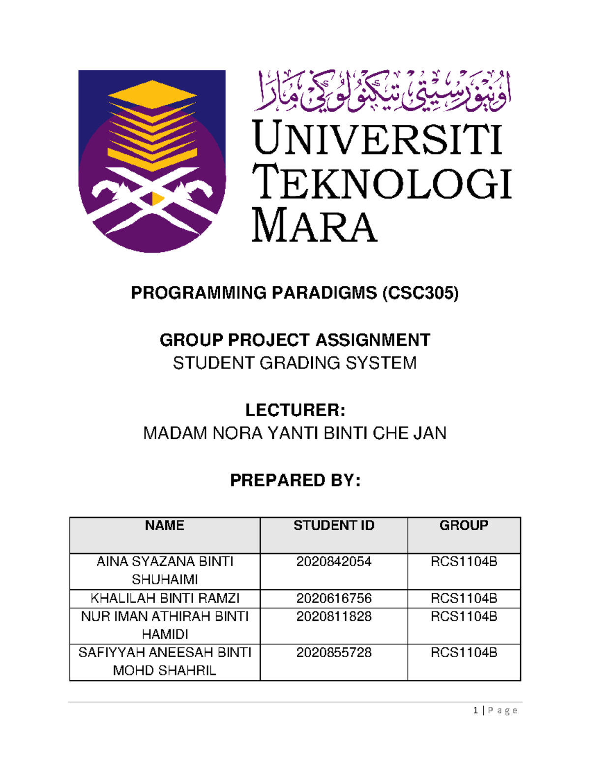 CSC305 Group Project Report - PROGRAMMING PARADIGMS (CSC305) GROUP PROJECT ASSIGNMENT STUDENT ...