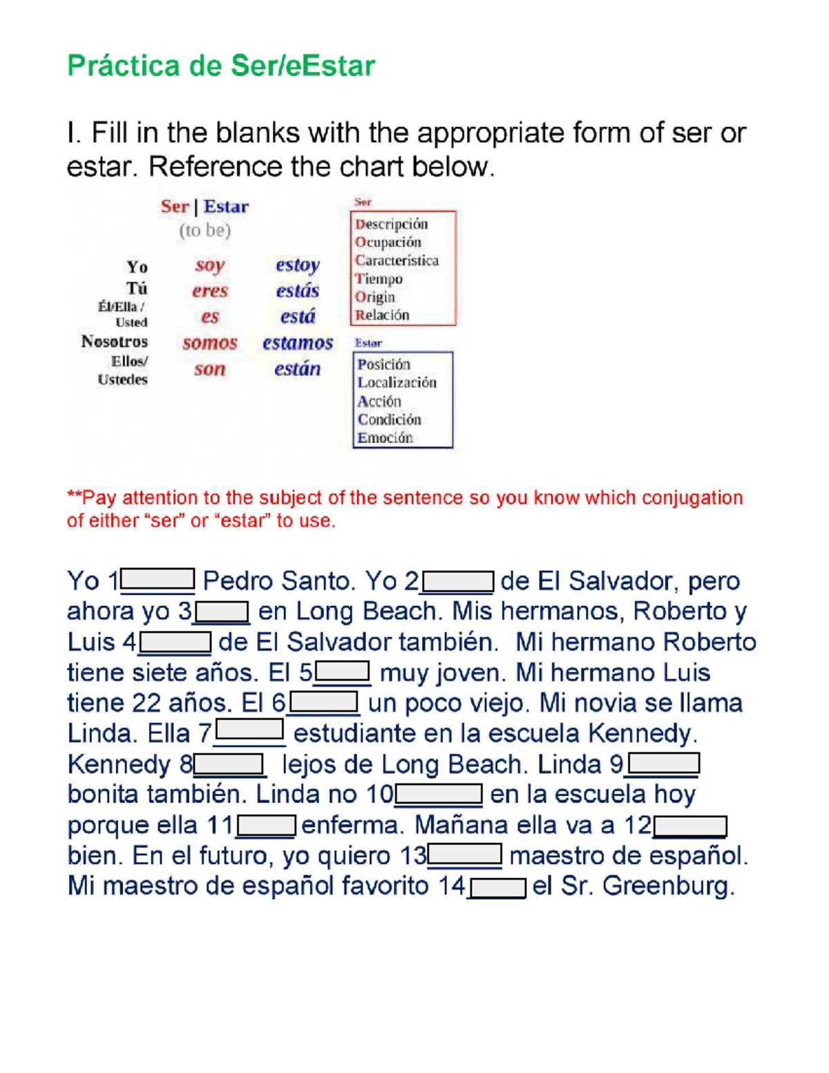 Practical Worksheet: Ser and Estar Usage in Spanish - Práctica de I ...