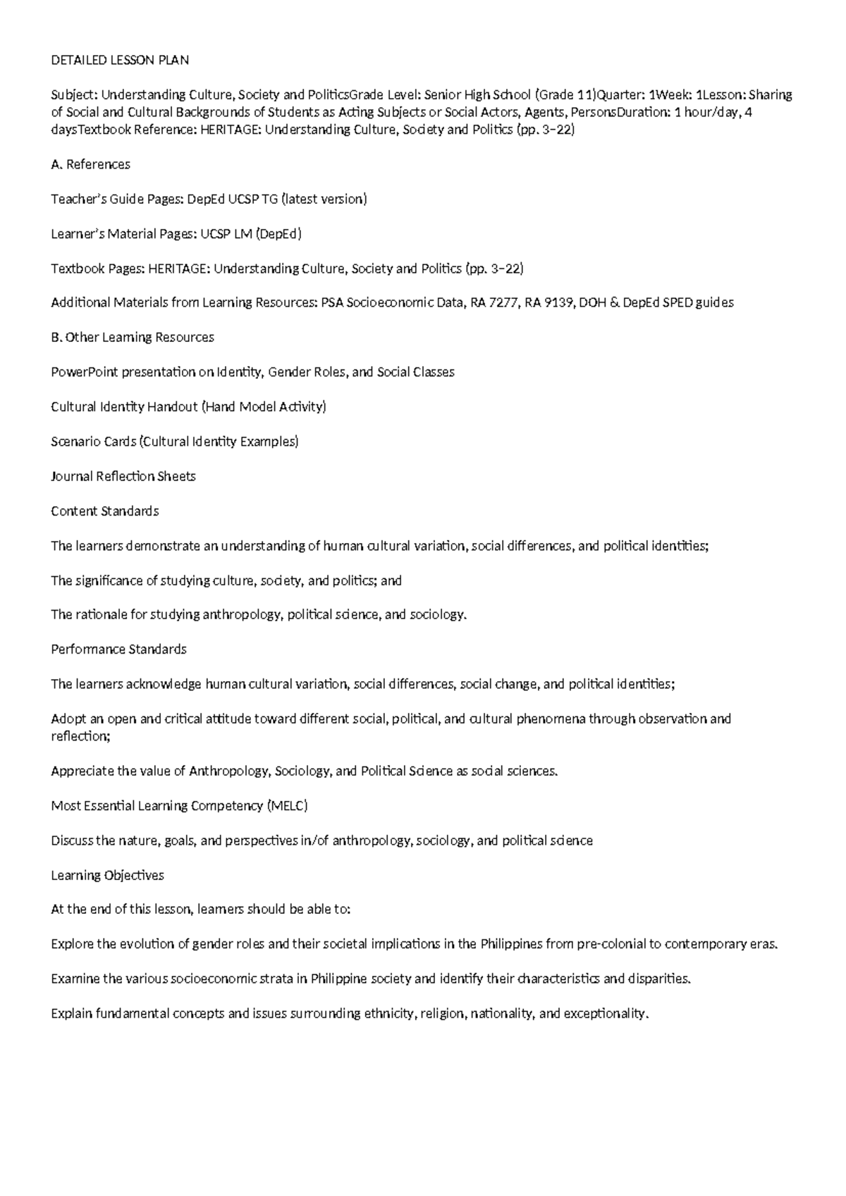 DLP Q1 W1: Lesson Plan on Understanding Culture, Society, and Politics ...