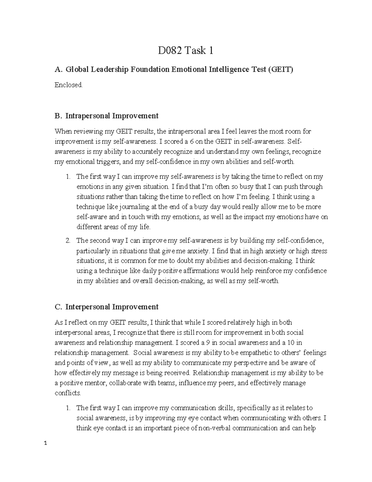 D082 Emotional & Cultural Intelligence Task 1: GEIT Reflection - Studocu